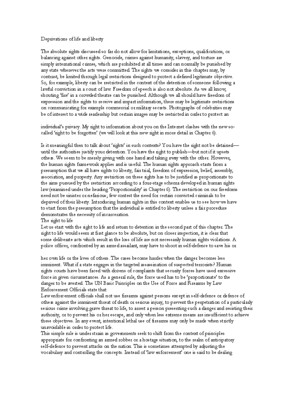 HUMAN RIGHTS POLITICAL SCIENCE - Deprivations of life and liberty The ...