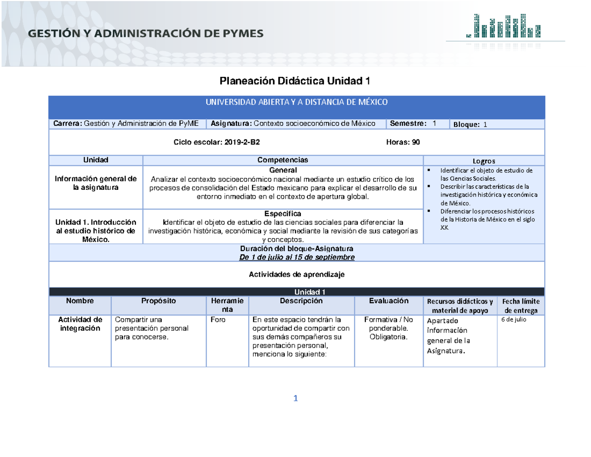 Planeacion Didactica-GCSM U1 - Warning: TT: undefined function: 32 Planeación Didáctica Unidad 1 ...