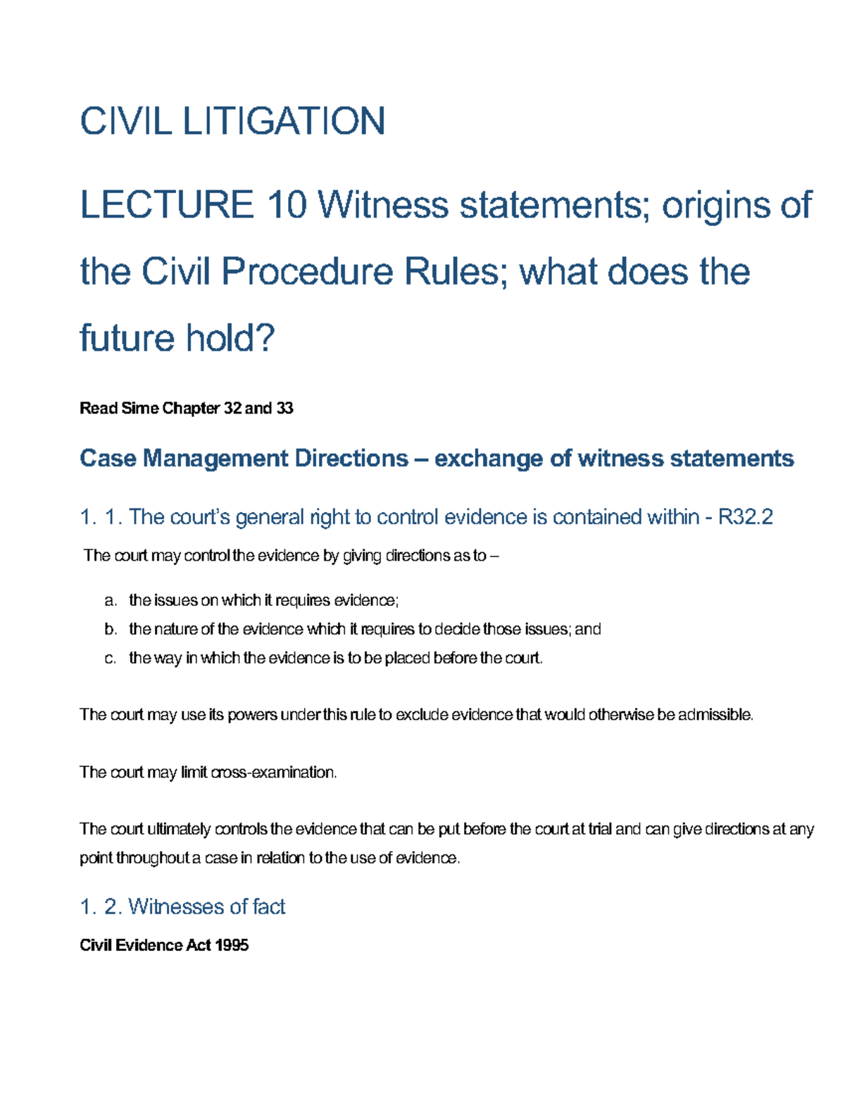 Lecture 10 civil procedure - CIVIL LITIGATION LECTURE 10 Witness ...