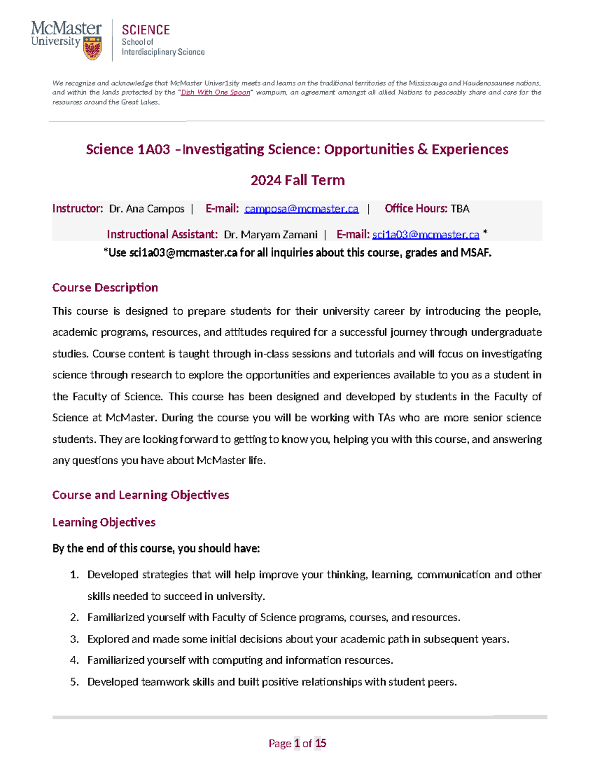Science-1A03 Outline - We recognize and acknowledge that McMaster ...