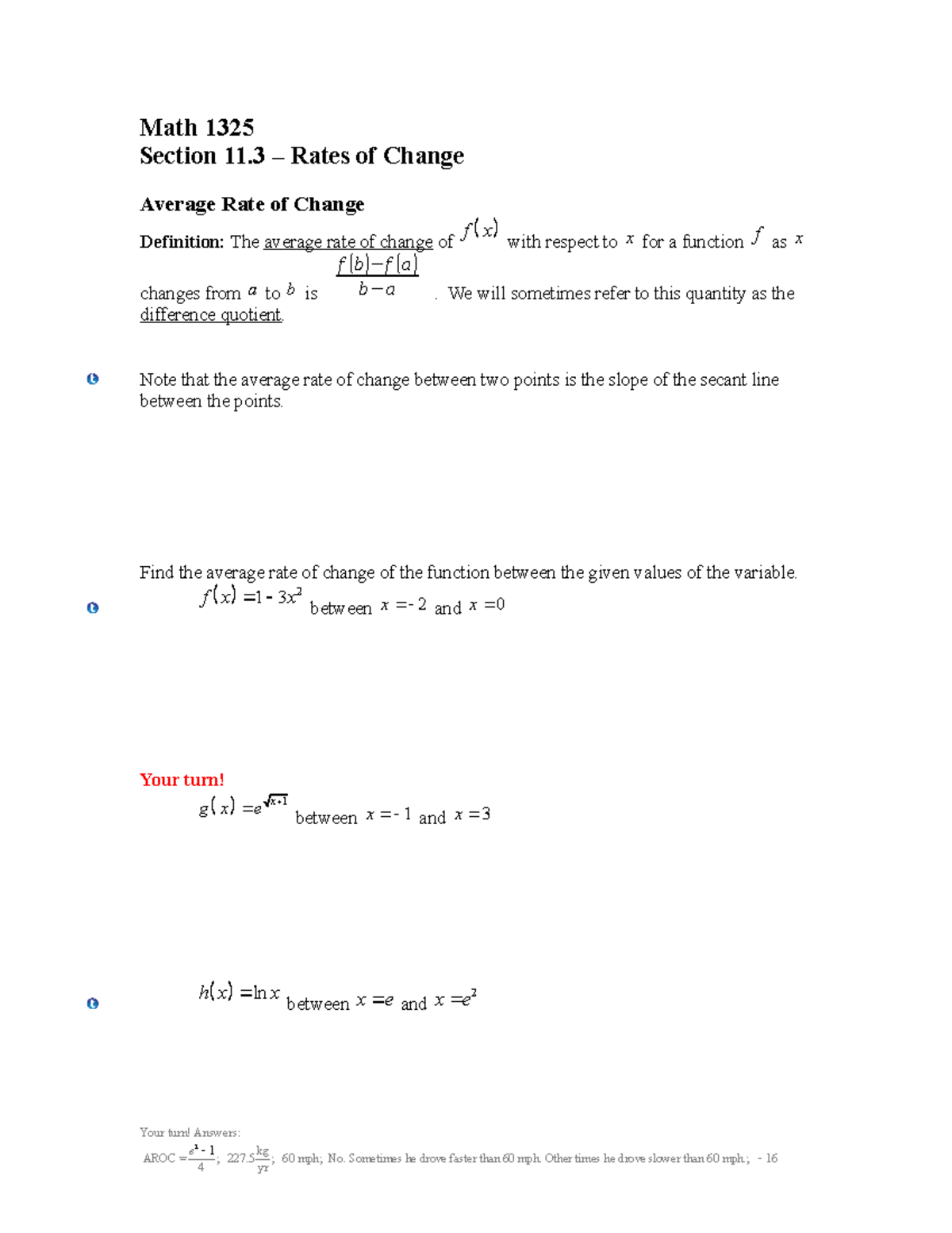 Section 11 3 Rates Of Change Math 1325 Section 11 Rates Of Change