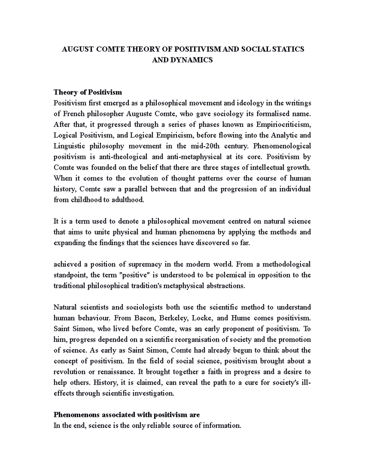 August Comte Theory OF Positivism AND Social Statics AND Dynamics ...