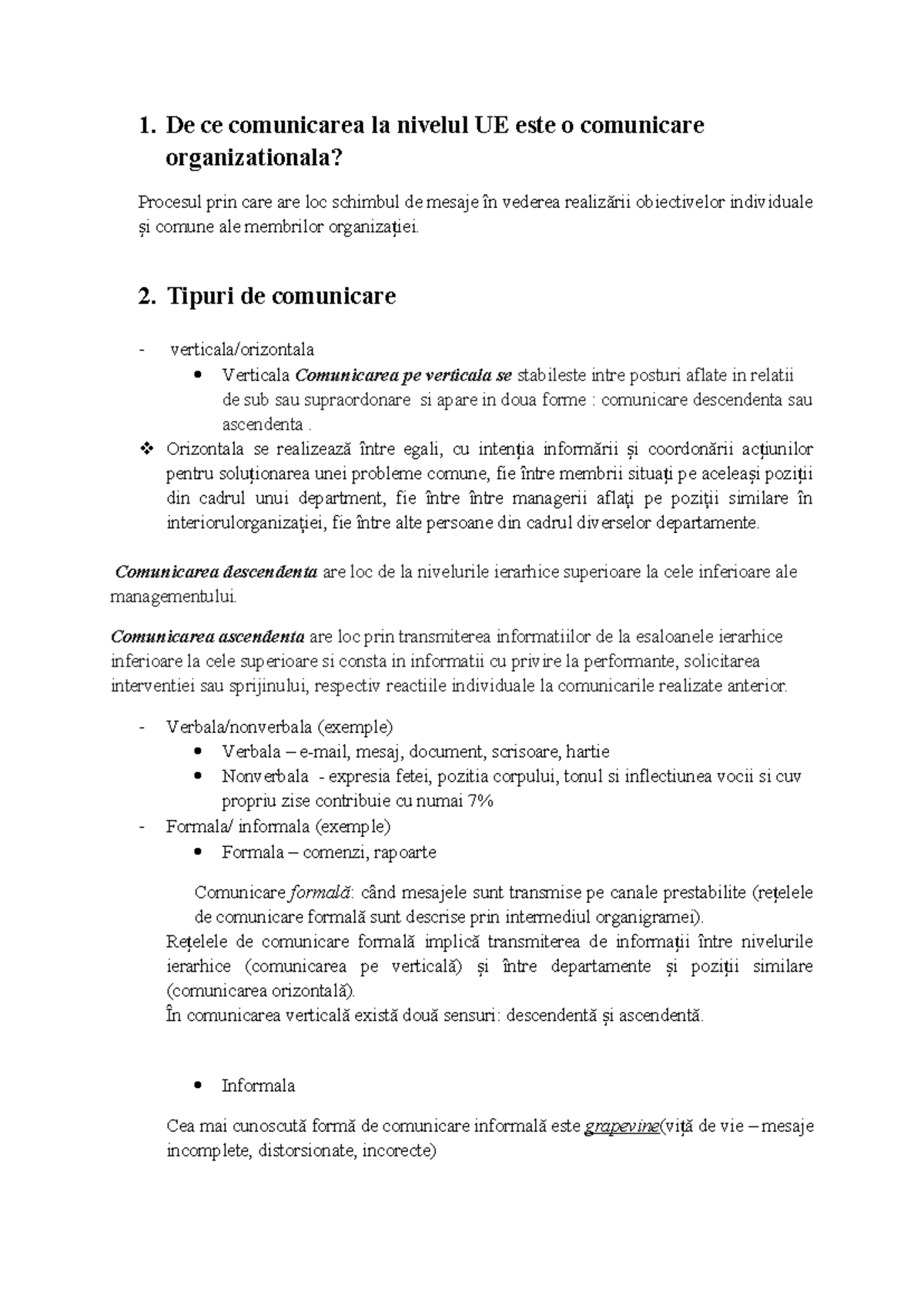 Examen CI INTR - 1. De ce comunicarea la nivelul UE este o comunicare organizationala? Procesul ...