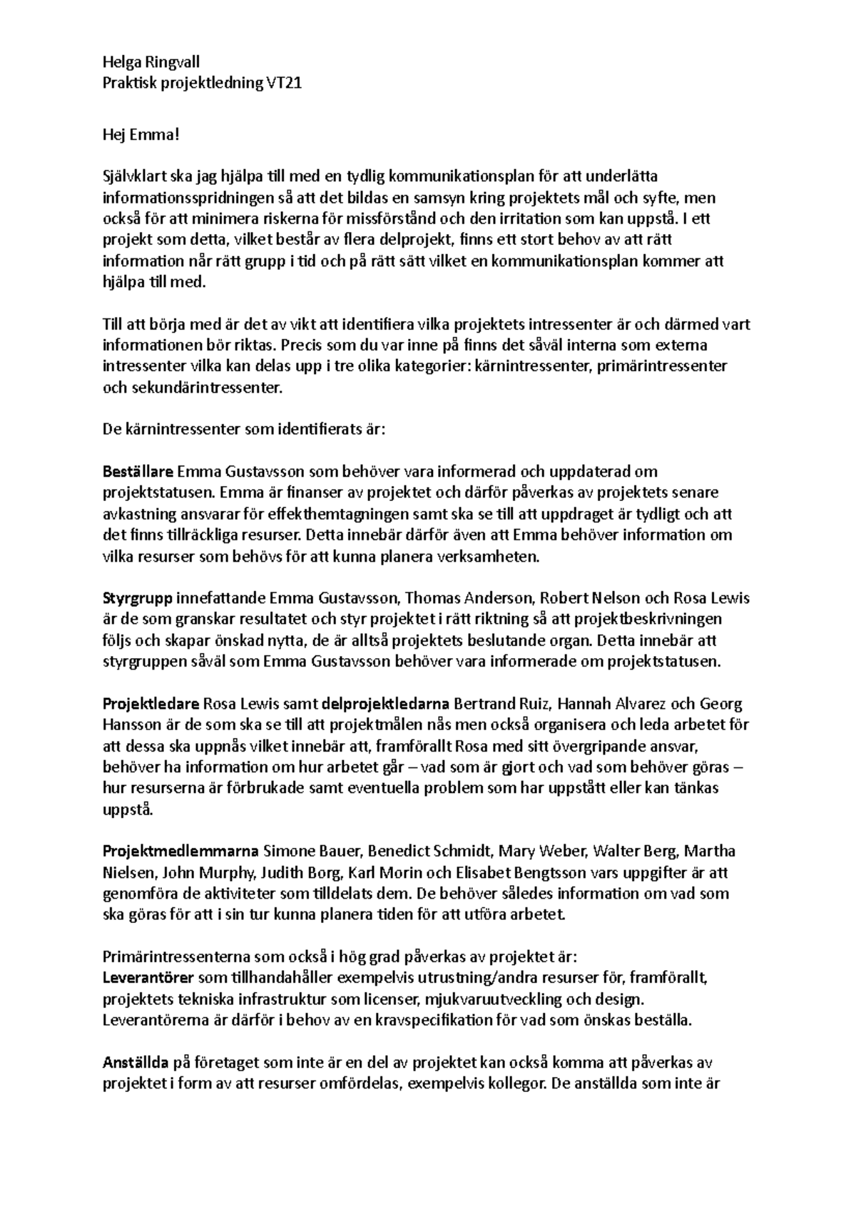 Praktisk projektledning 2.1 Kommunikationsplan - Helga Ringvall Prakisk ...