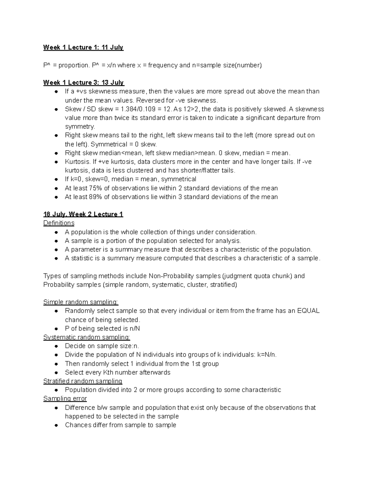 Bsns112 Lectures Lecture Notes Week 1 Lecture 1 11 July P Proportion P X N Where X
