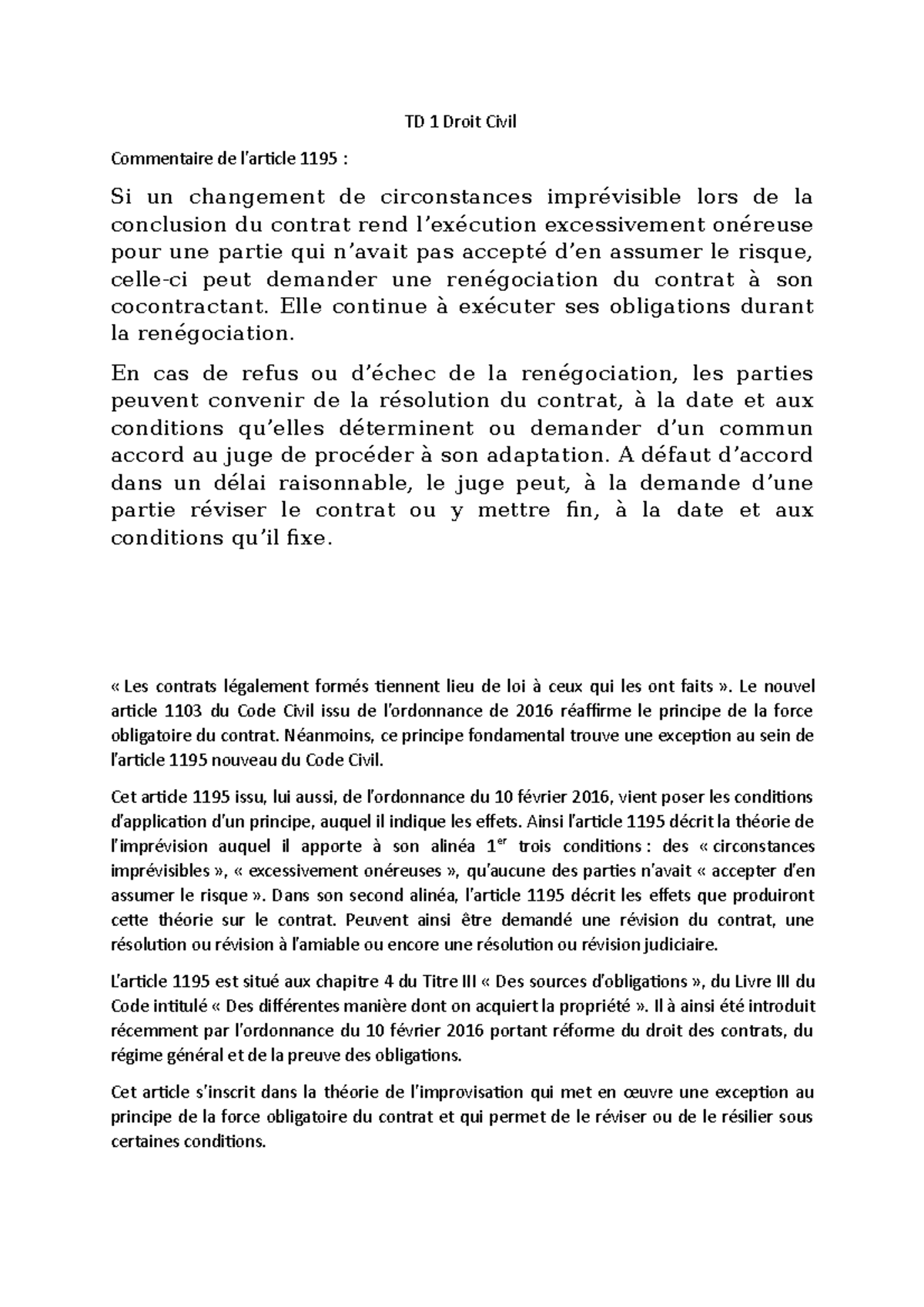 TD 1 Droit Civil - TD 1 Droit Civil Commentaire de l’aricle 1195 : Si ...