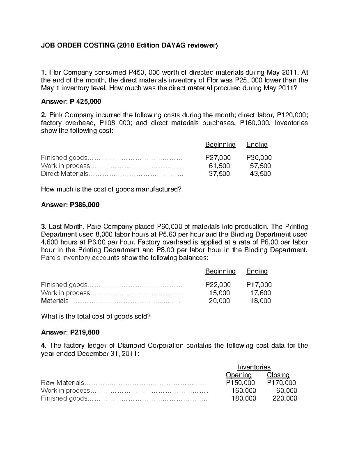 Job Order costing practice problem - JOB ORDER COSTING (2010 Edition ...