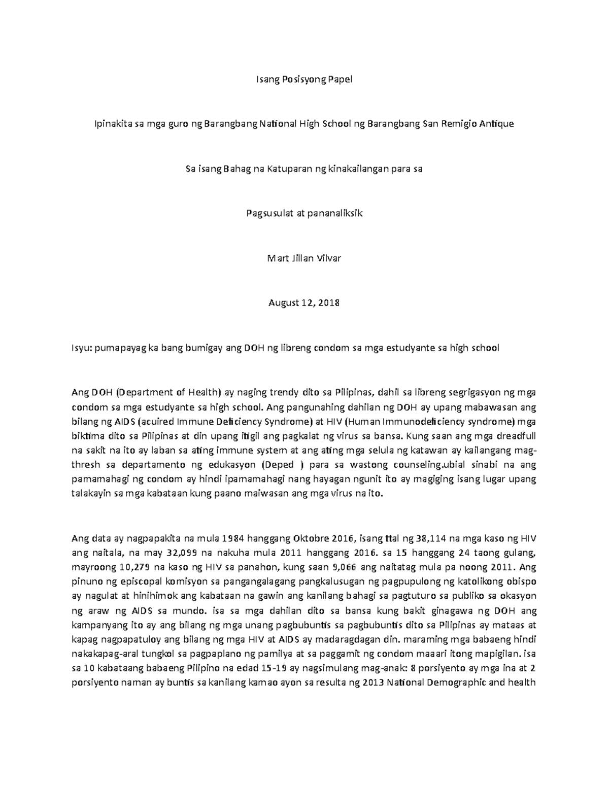 Halimbawa Ng Posisyong Papel