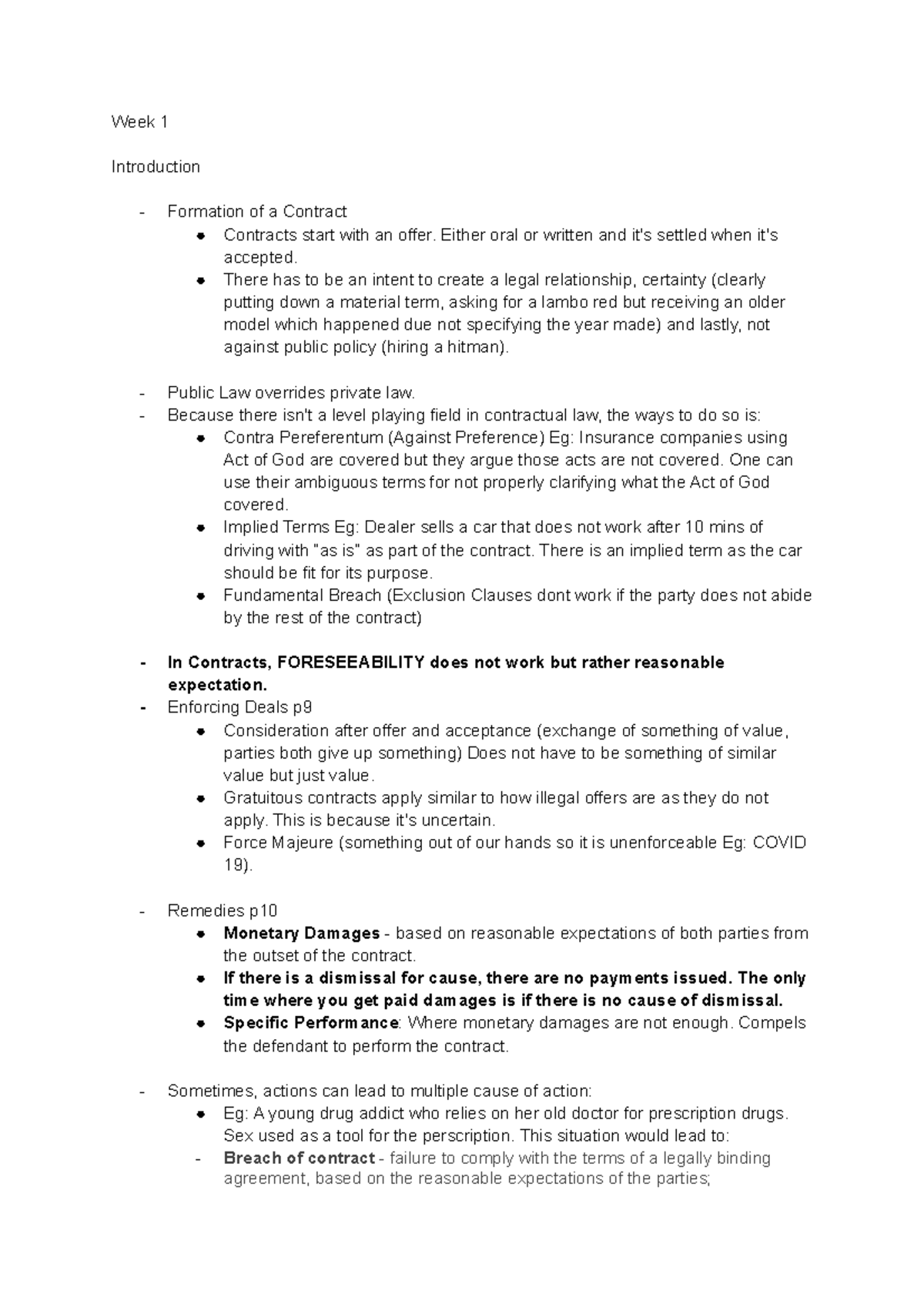 Contracts Law Lecture Notes 1 8 Week 1 Introduction Formation Of A Contract Contracts Start