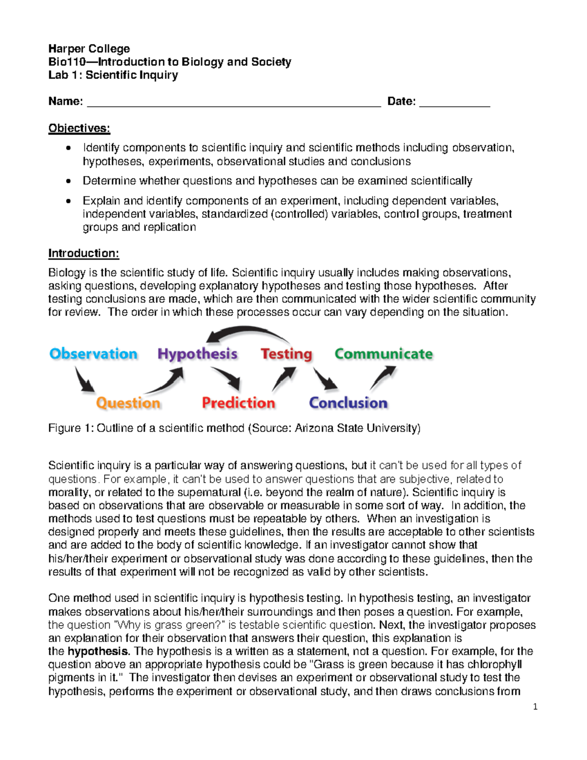Lab 1 Scientific Inquiry online Fall2020 - Harper College Bio110 ...