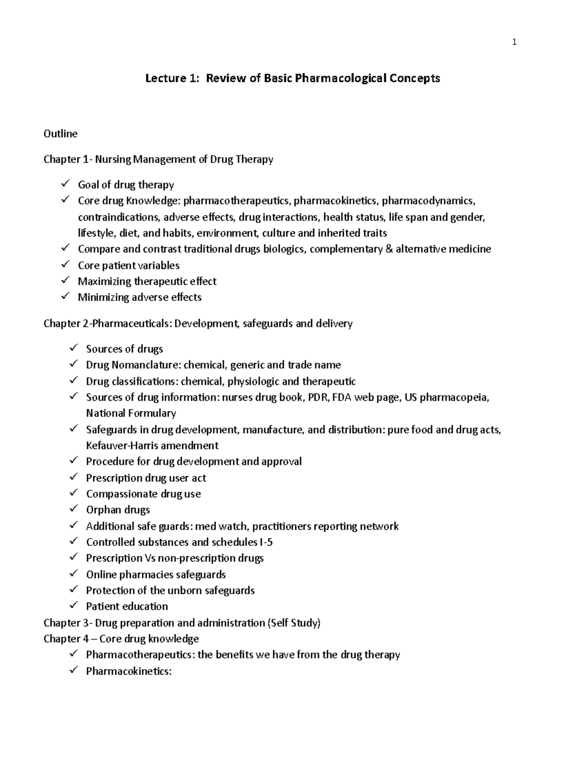 Lecture 1 pharmacology review - 1 Lecture 1: Review of Basic Pharmacological Concepts Outline ...