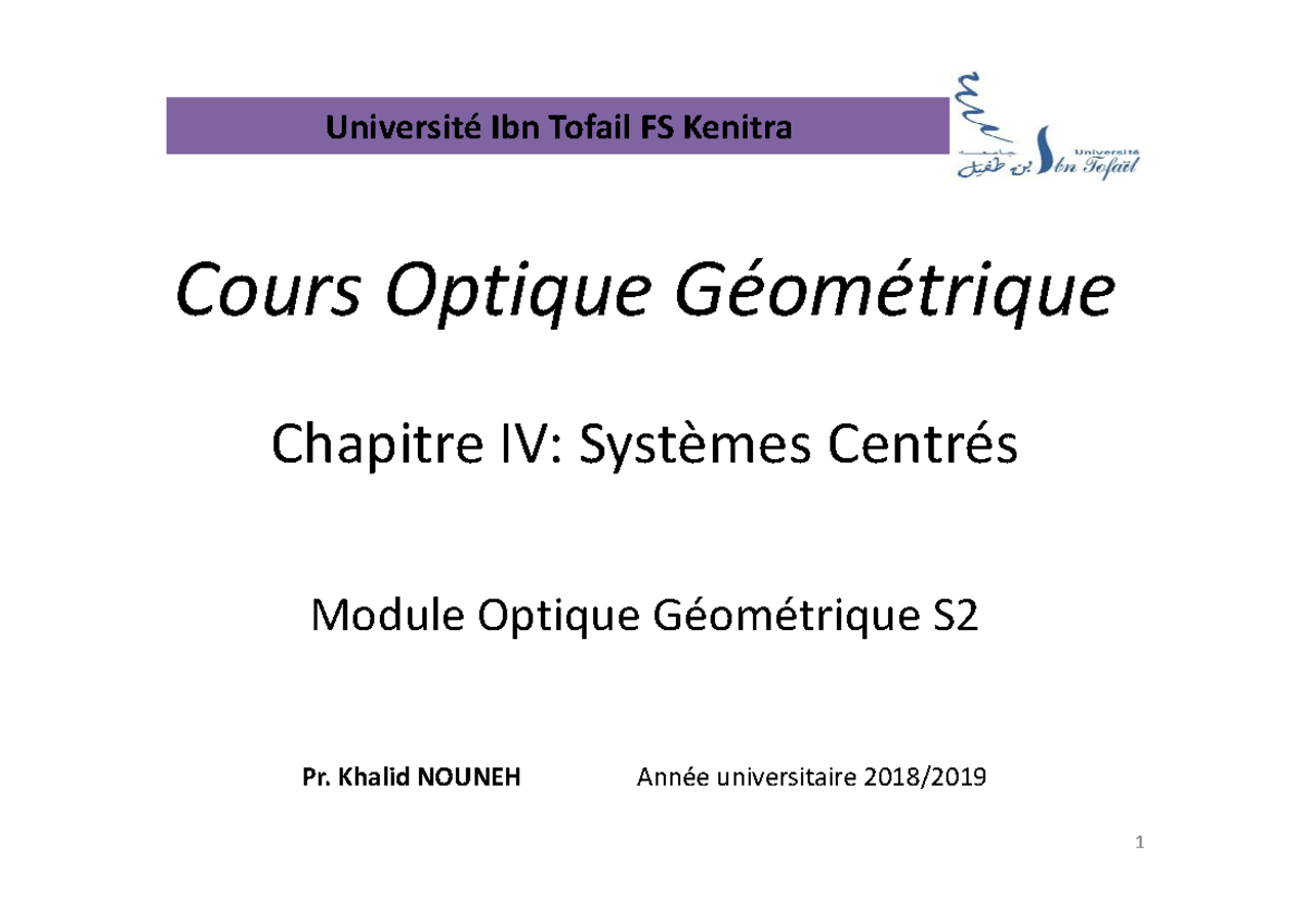 Cour de optique - Cours Optique Géométrique Chapitre IV: Systèmes ...
