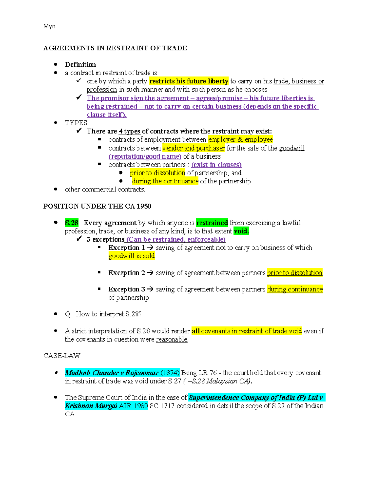 Restraint OF Trade - Summary of the topic according to the lecture ...