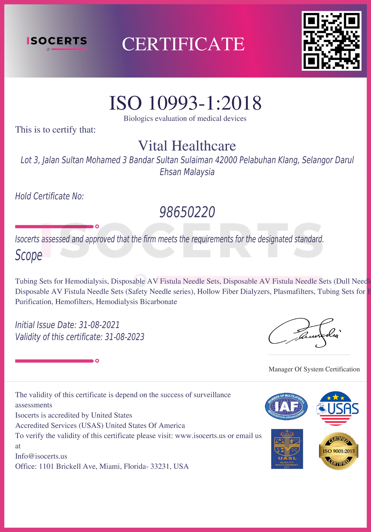 Certificate-1 - TEST - CERTIFICATE ISO 10993-1: Biologics evaluation of ...