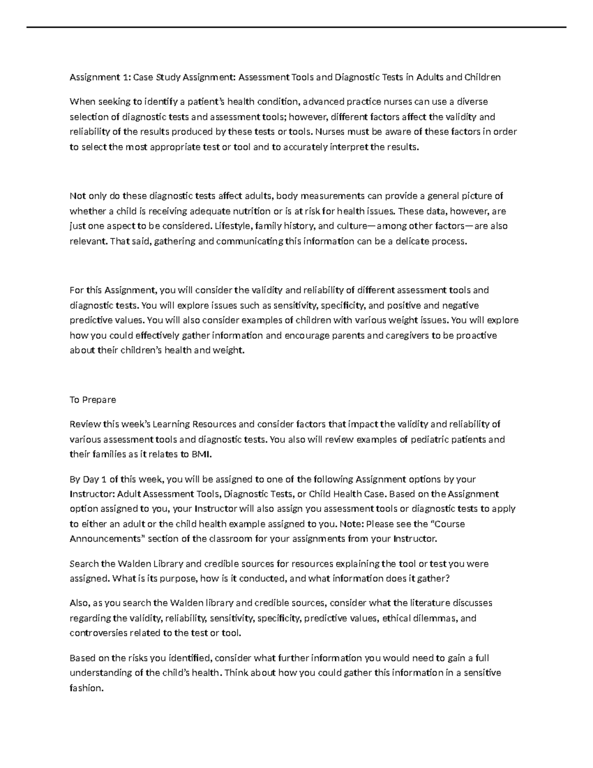 Assignment 1 Case Study Assignment - Assignment 1: Case Study Assignment: Assessment Tools and ...