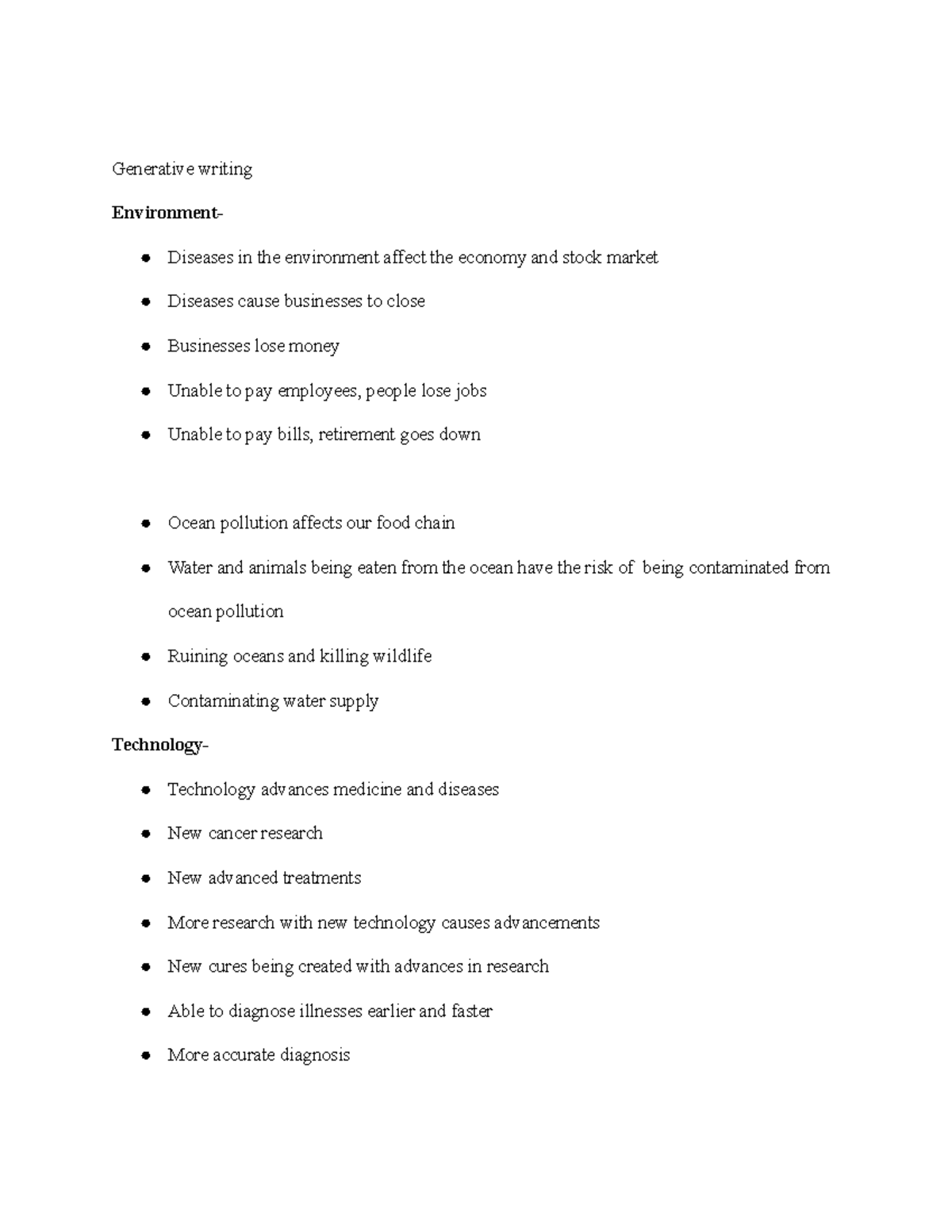 English writing 1 - Generative writing Environment- Diseases in the ...