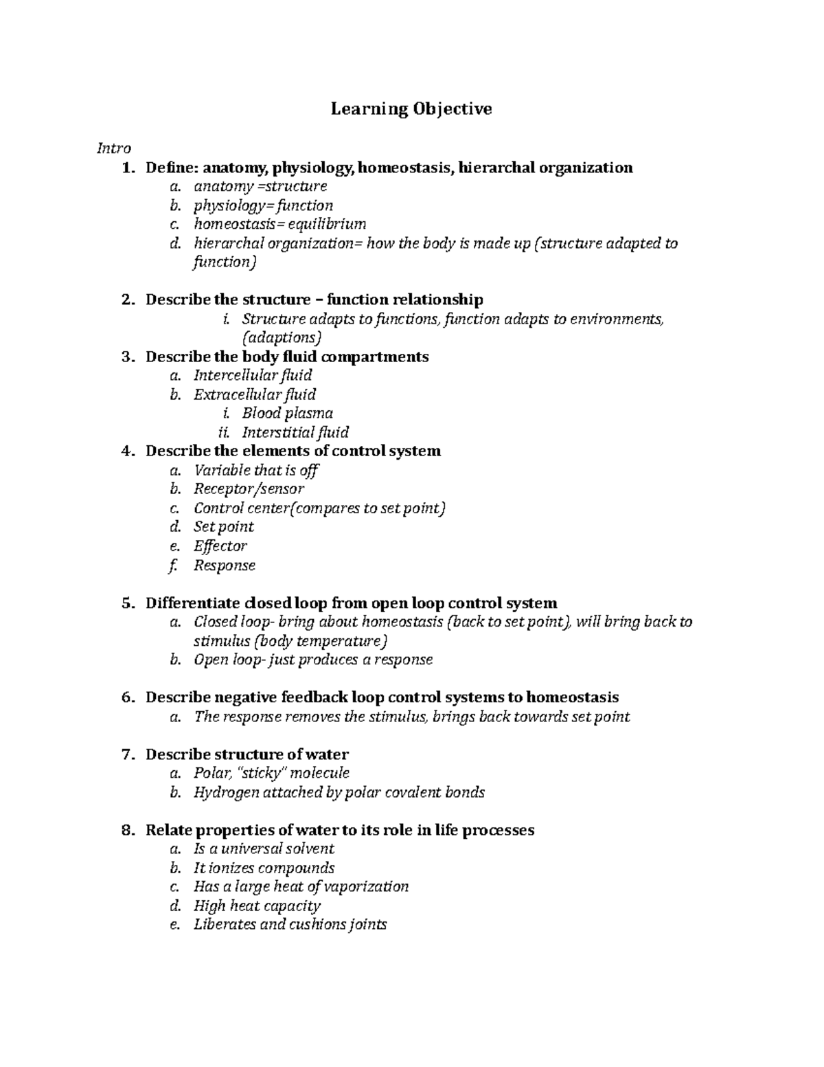 Learning Objective-Exam 1 - Learning Objective Intro 1. Define: anatomy ...