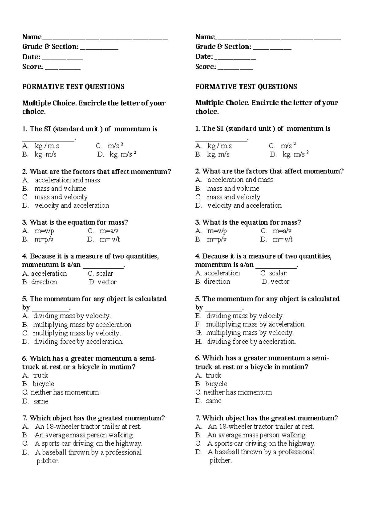 Formative TEST Questions 2 columns - Name ...