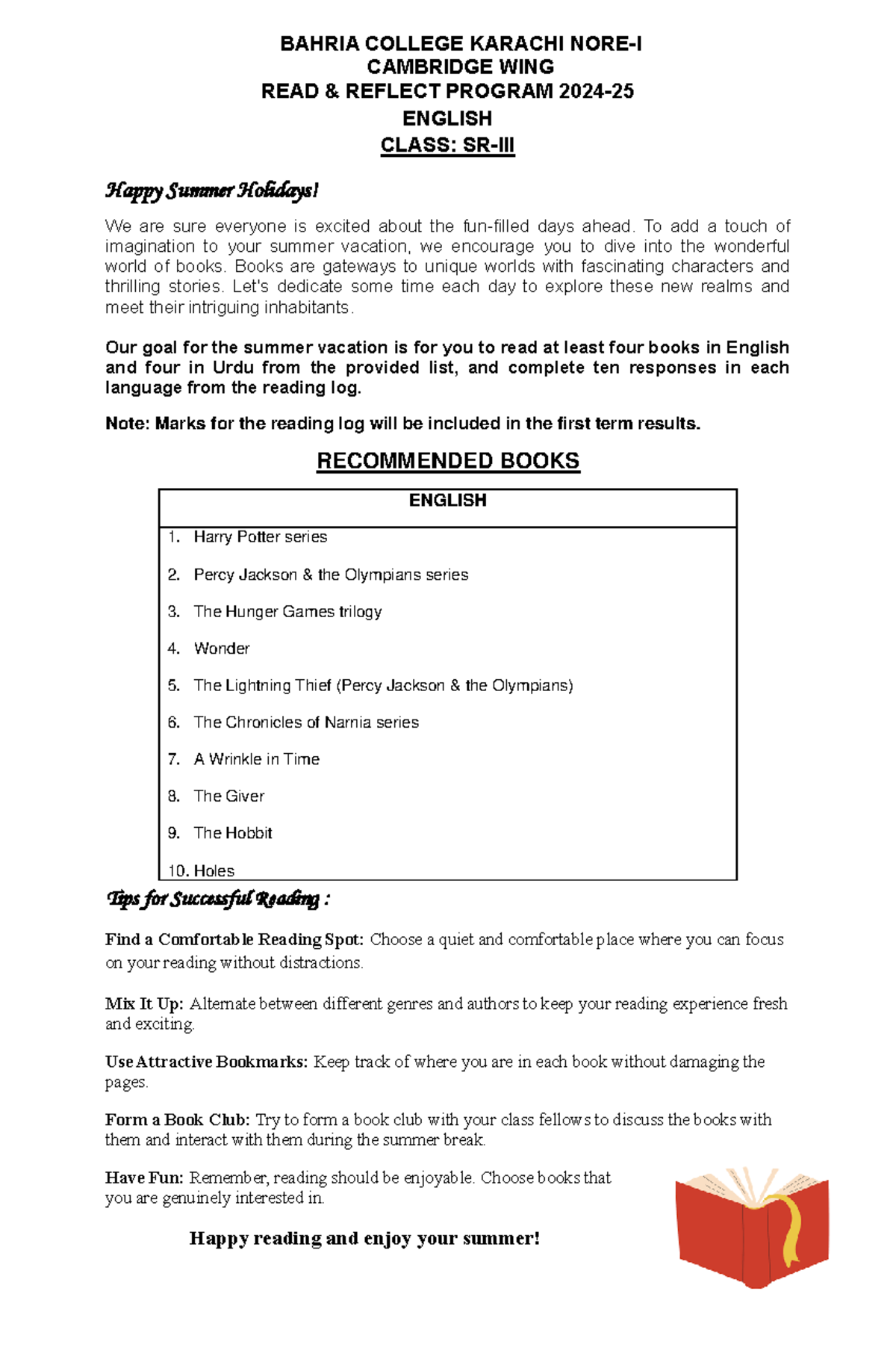 Summer Vacation Homework Sr3 2024-25 - BAHRIA COLLEGE KARACHI NORE-I ...