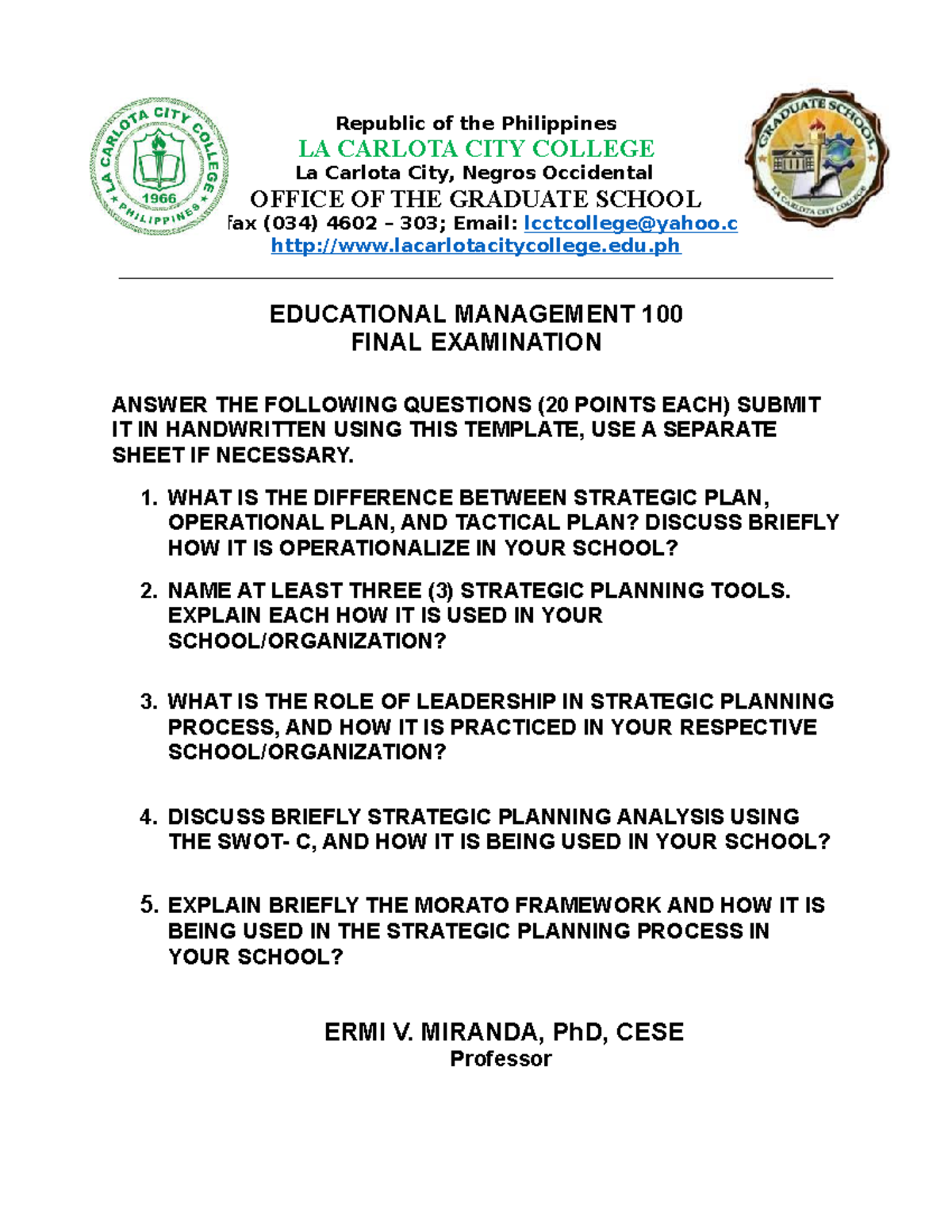 Final EXAM Edmgt 100 LCCC - LA CARLOTA CITY COLLEGE La Carlota City ...