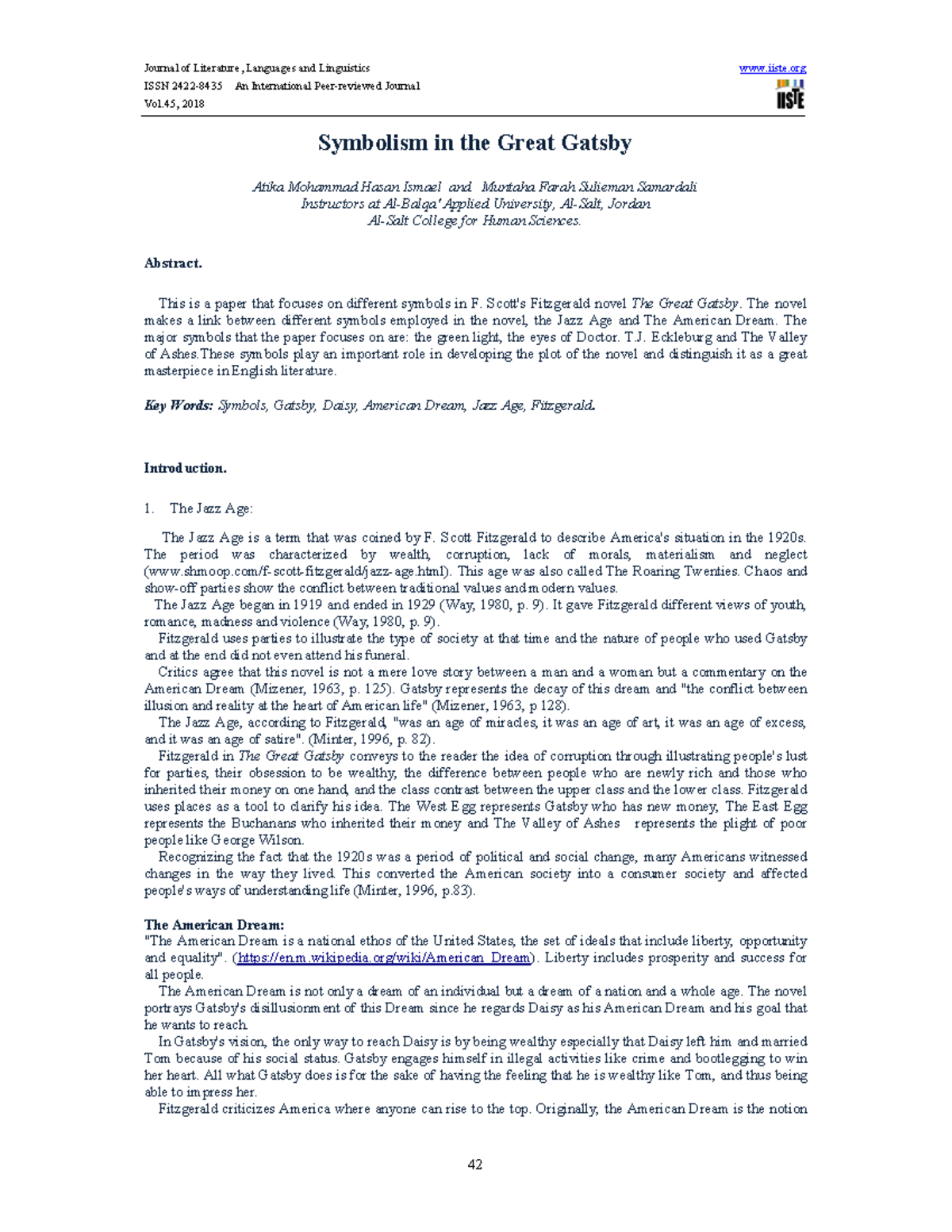 Symbolism in Gatsby - ISSN 2422-8435 An International Peer-reviewed ...