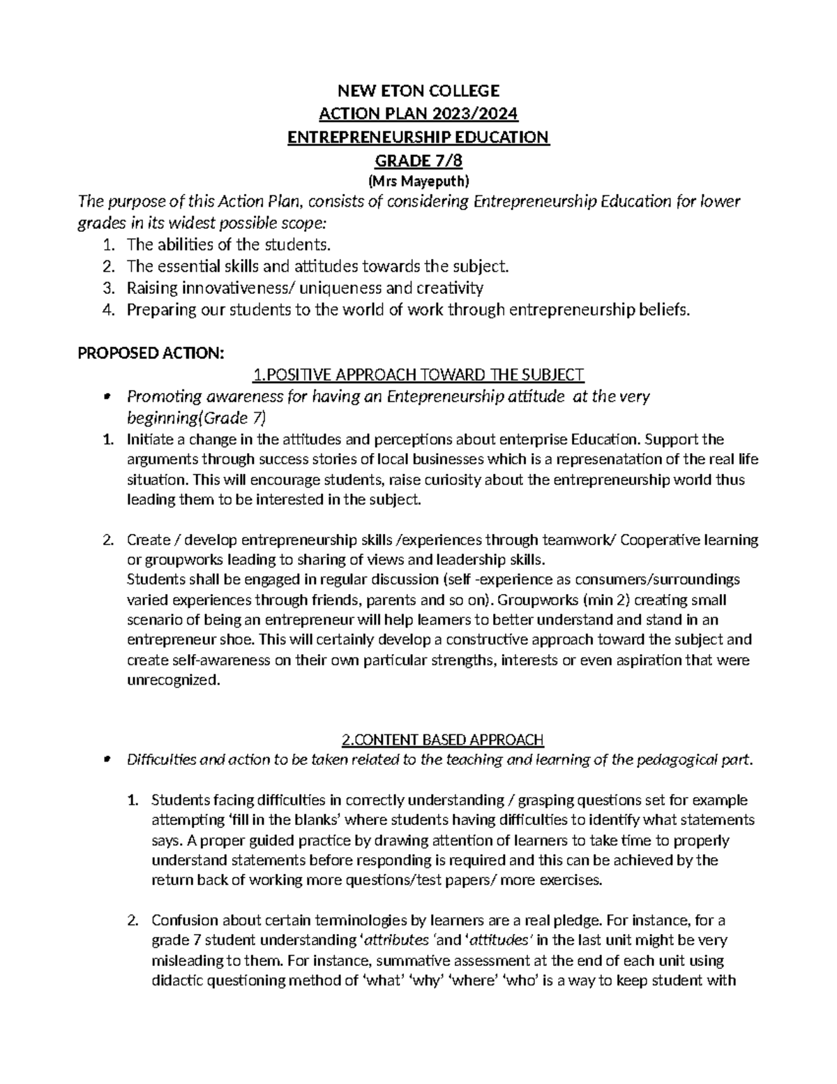 Action plan bee 202324 - NEW ETON COLLEGE ACTION PLAN 2023 ...