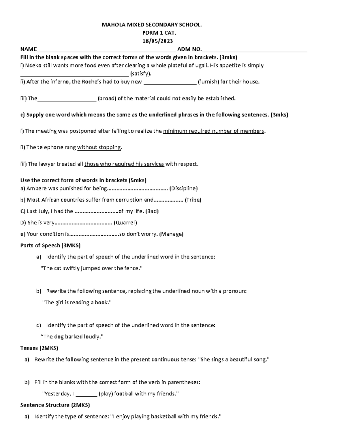 FORM 1 CAT - Continuous assessment test - MAHOLA MIXED SECONDARY SCHOOL ...