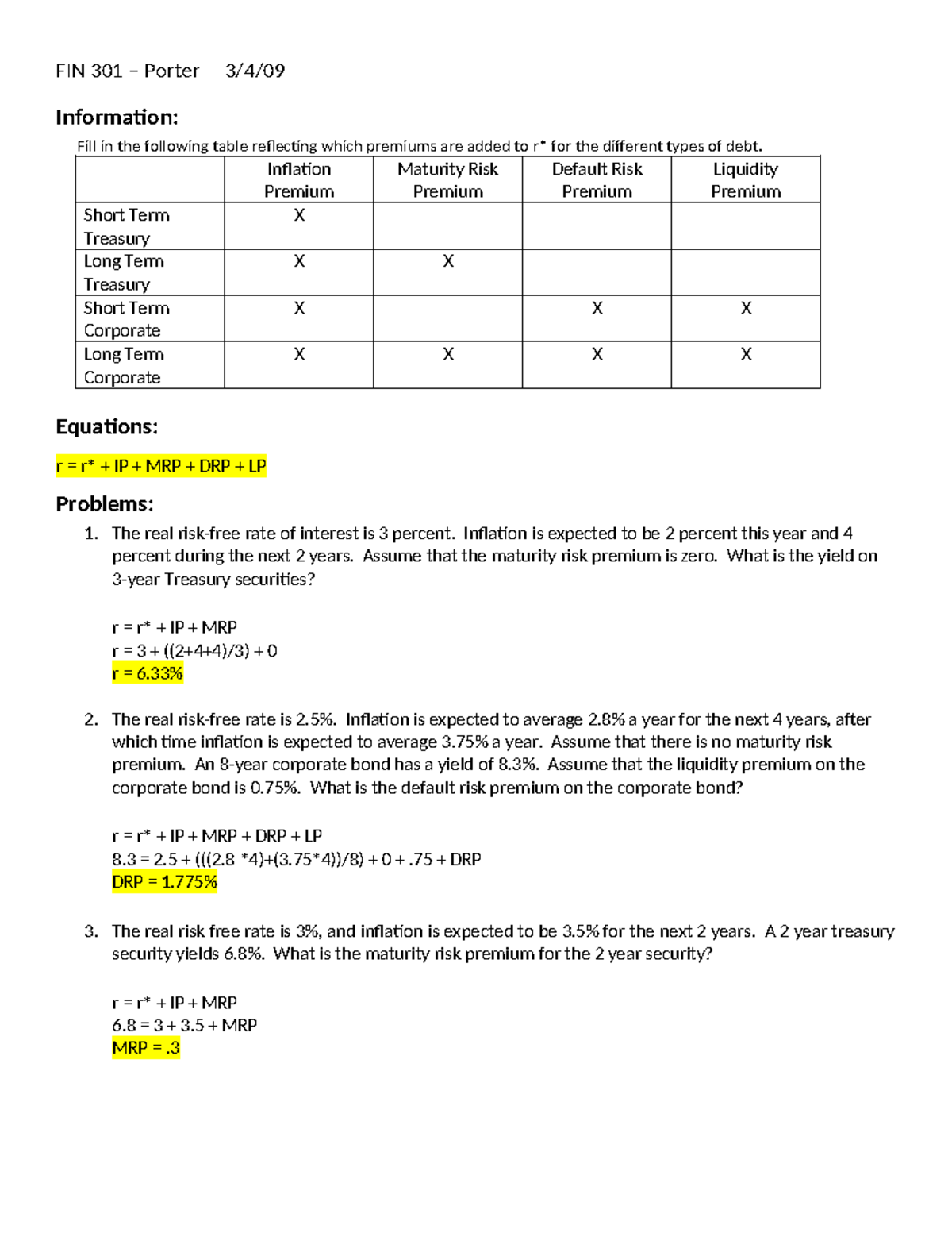 Maturity Risk Premium Numericals - Information: Fill in the following ...