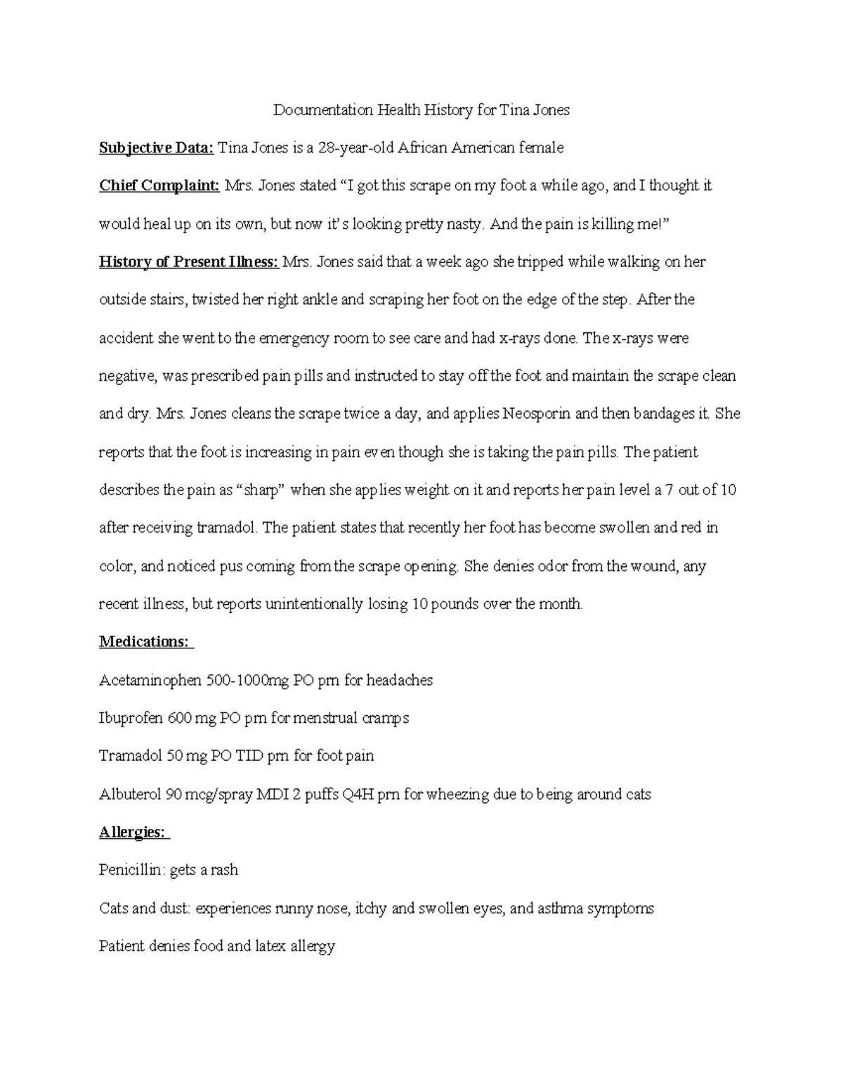 Health History Example - Documentation Health History for Tina Jones ...