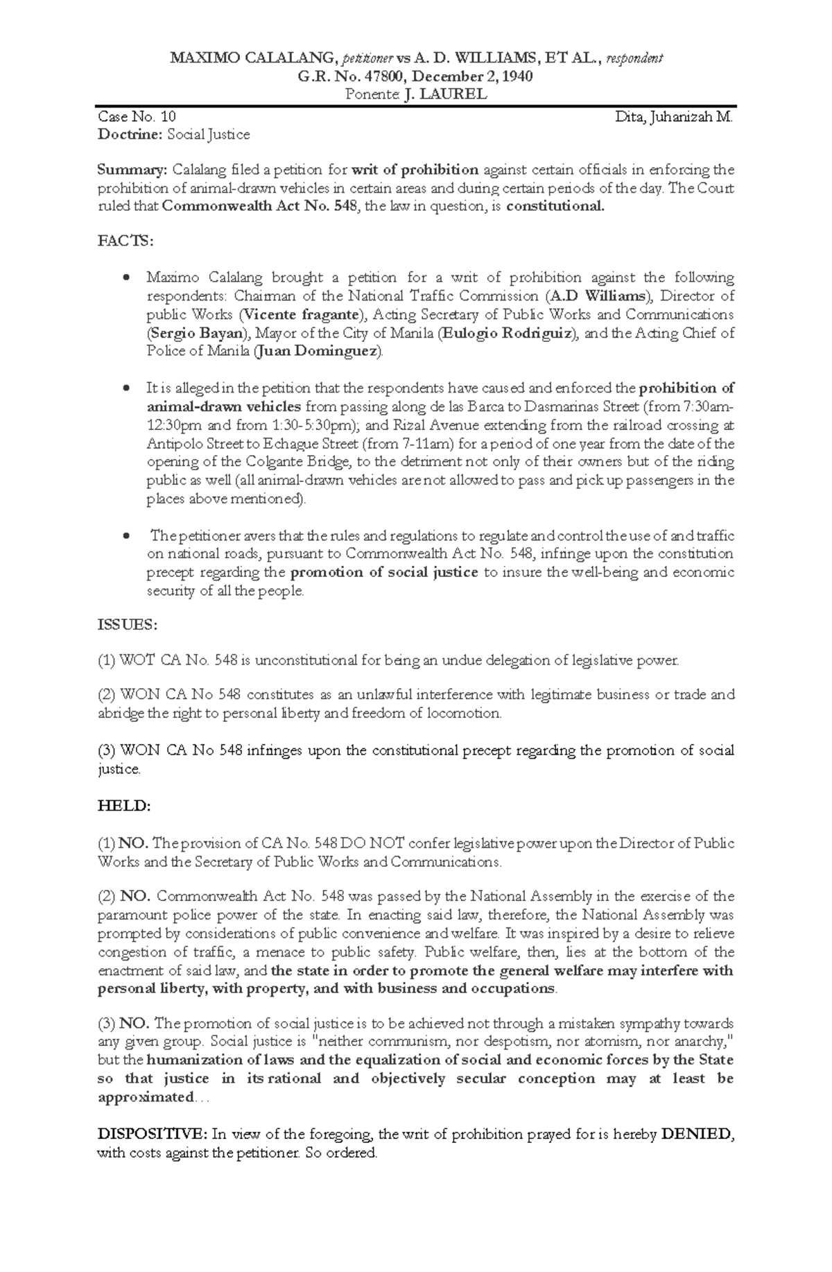 10. Calanang v. Williams-Social Justice (DITA) - MAXIMO CALALANG ...