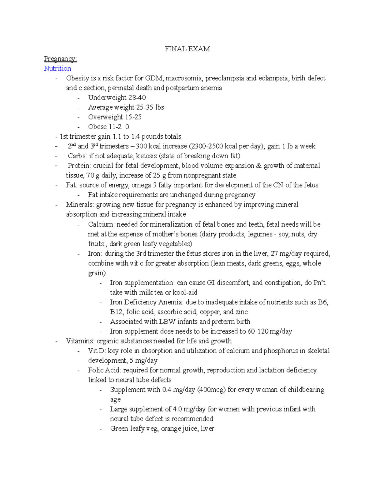 Woman s Final Exam Review Packet FA17 - FINAL EXAM Pregnancy: Nutrition ...