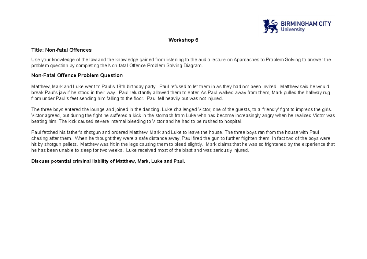 Week 6 criminal table - Workshop 6 Title: Non-fatal Offences Use your ...