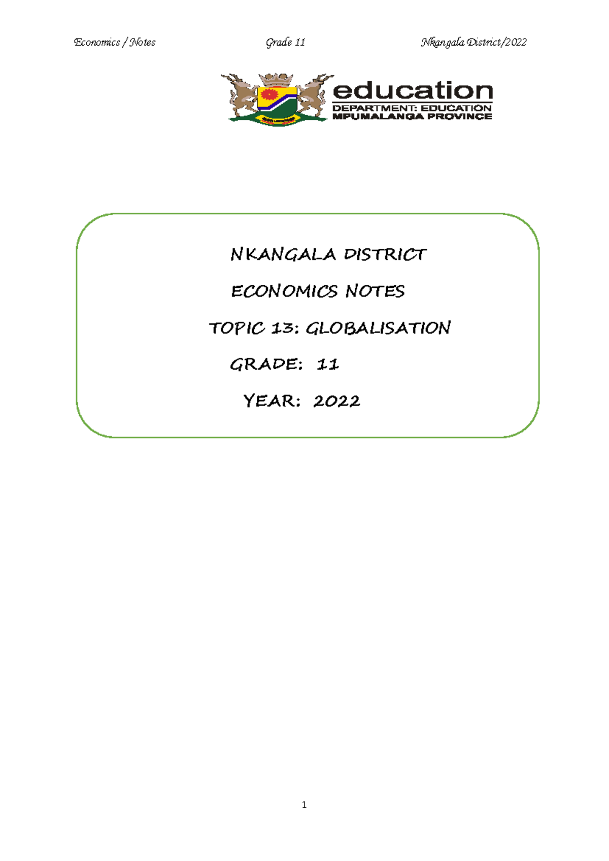 Topic 13 notes Globalisation - NKANGALA DISTRICT ECONOMICS NOTES TOPIC ...