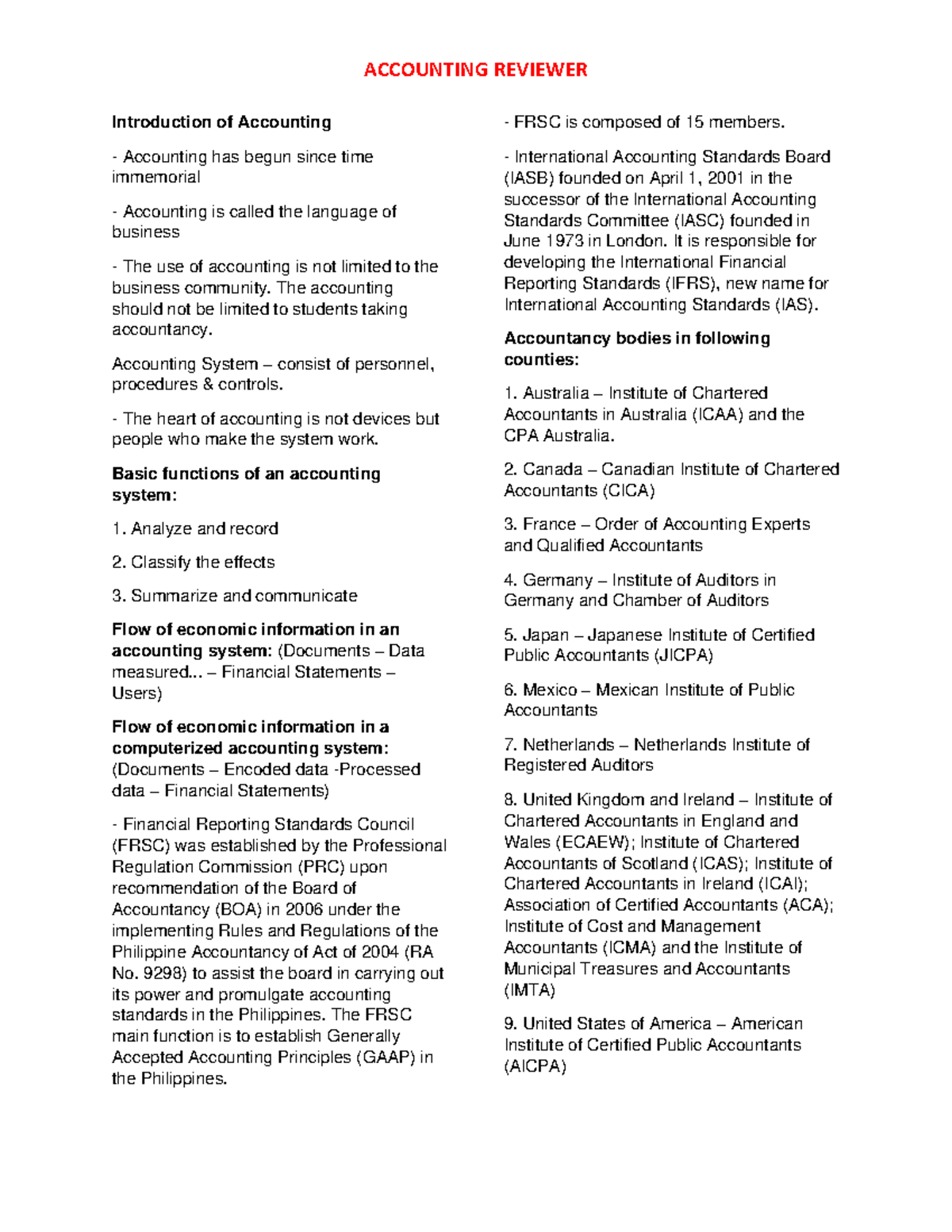 Accounting Reviewer - Introduction of Accounting Accounting has begun ...