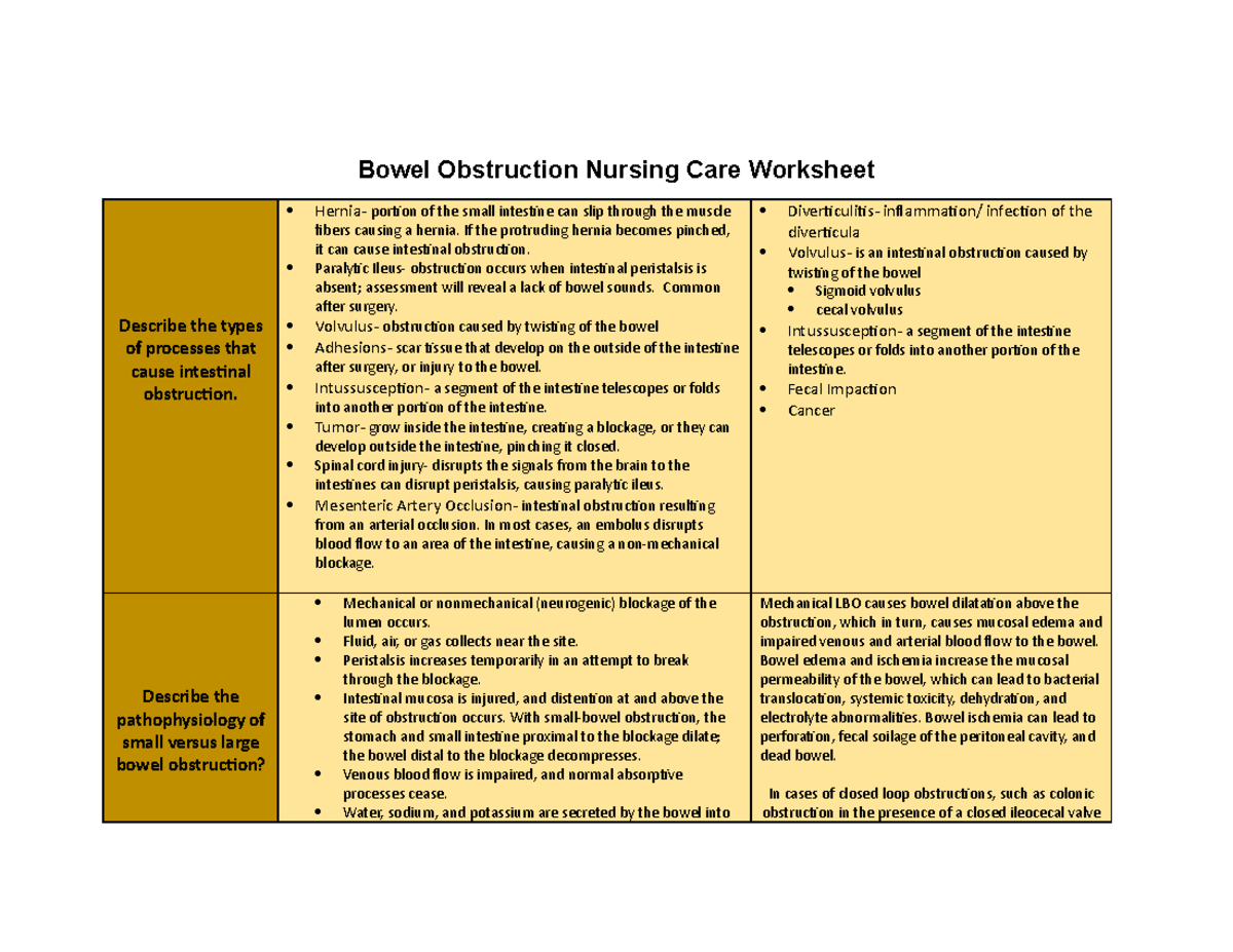 Bowel Obstruction Nursing Care Worksheet-1 - Bowel Obstruction Nursing ...