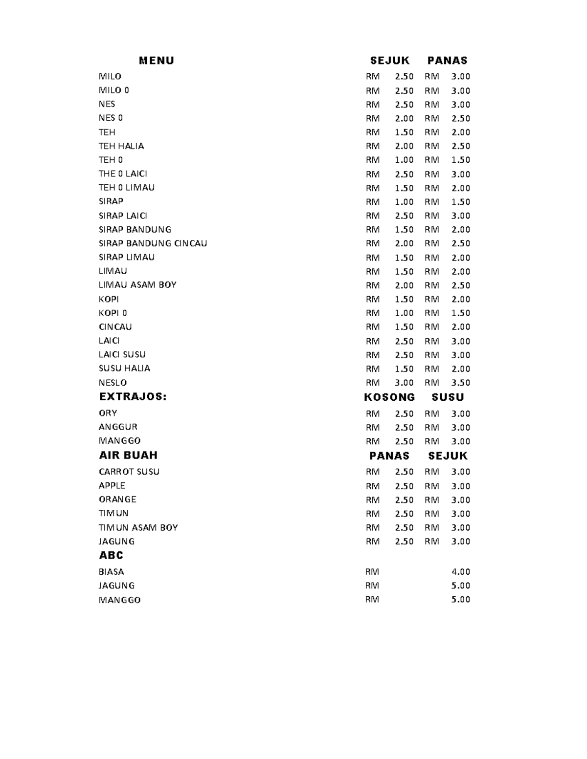 3 - SENARAI MENU - MENU SEJUK PANAS MILO RM 2 RM 3. MILO 0 RM 2 RM 3. NES RM 2 RM 3. TEH RM 1 RM ...