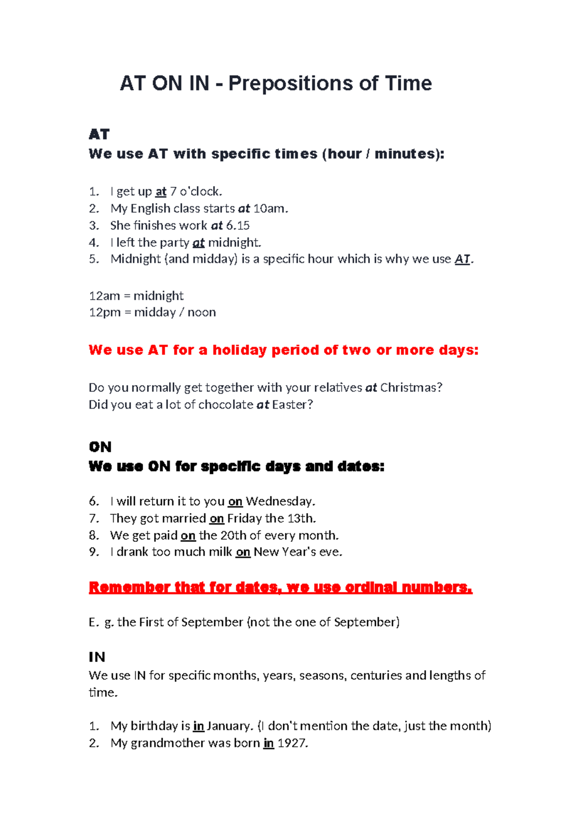 AT ON IN Prepositions OF TIME - AT ON IN - Prepositions of Time AT We ...