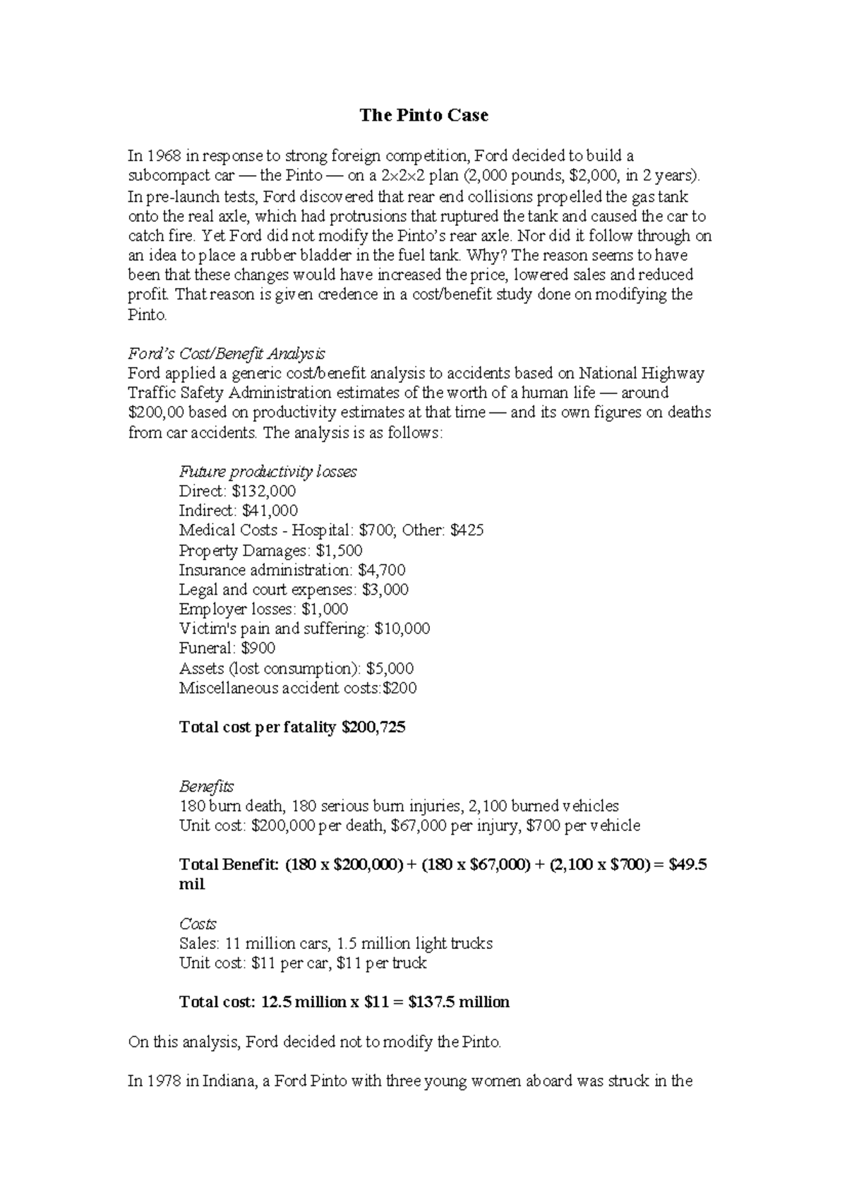 Pintocase - For pinto case study - The Pinto Case In 1968 in response ...