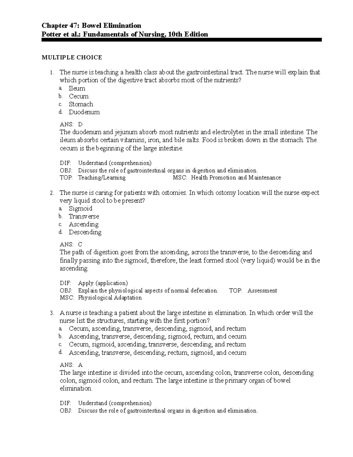 C47 - summary - Chapter 47: Bowel Elimination Potter et al ...