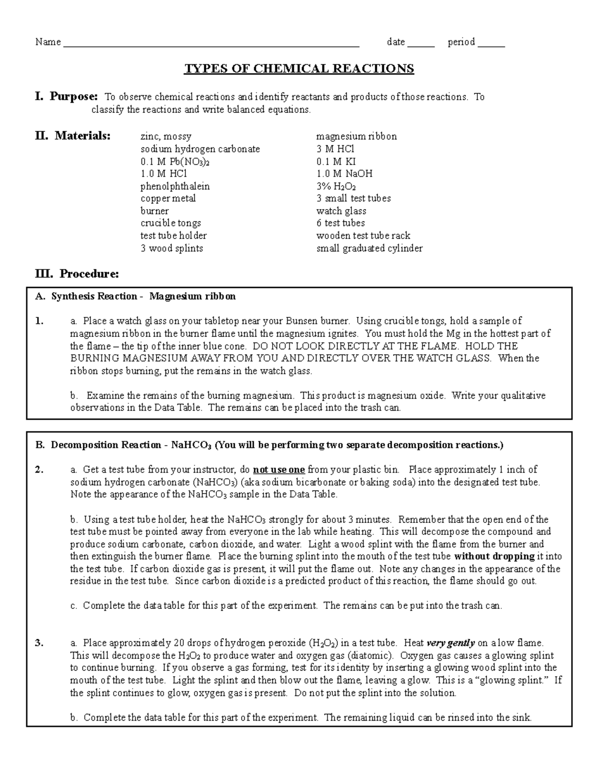 Chapter 11 Types of Reactions Lab 201 6 - Name - Studocu