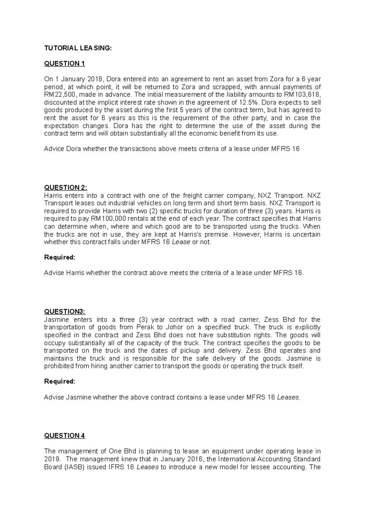 Tutorial Leasing Questions - TUTORIAL LEASING: QUESTION 1 On 1 January ...