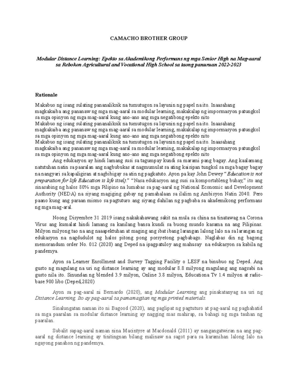 Epekto ng Pandemya sa mga Mag - CAMACHO BROTHER GROUP Modular Distance ...