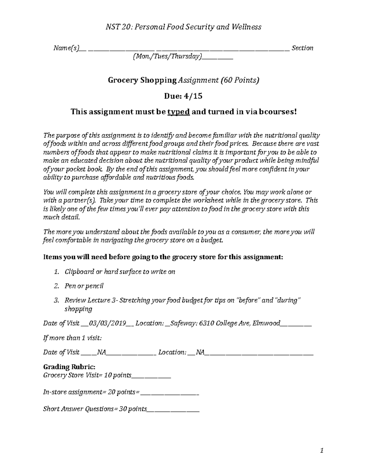A 5 Grocery Shopping Assignment - Name(s ...