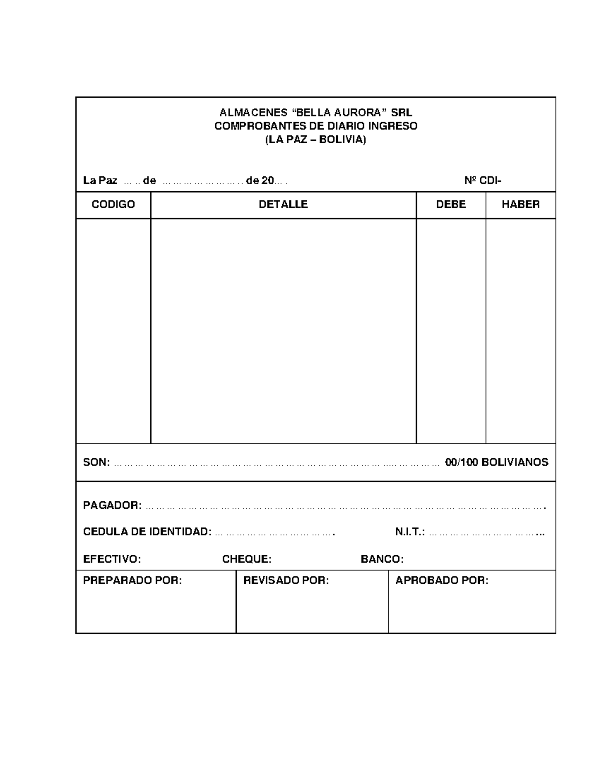 Modelos DE Comprobantes DE Contabilidad - ALMACENES “BELLA AURORA” SRL ...