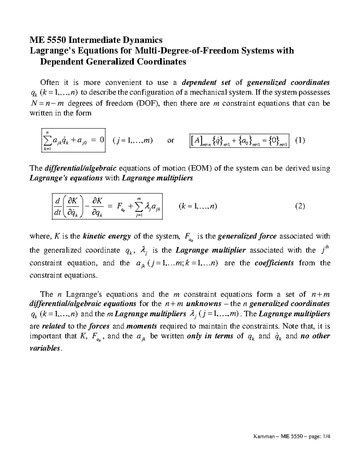 Me555Lagranges Equations Constraints - ME 5550 Intermediate Dynamics Lagrange’s Equations for ...
