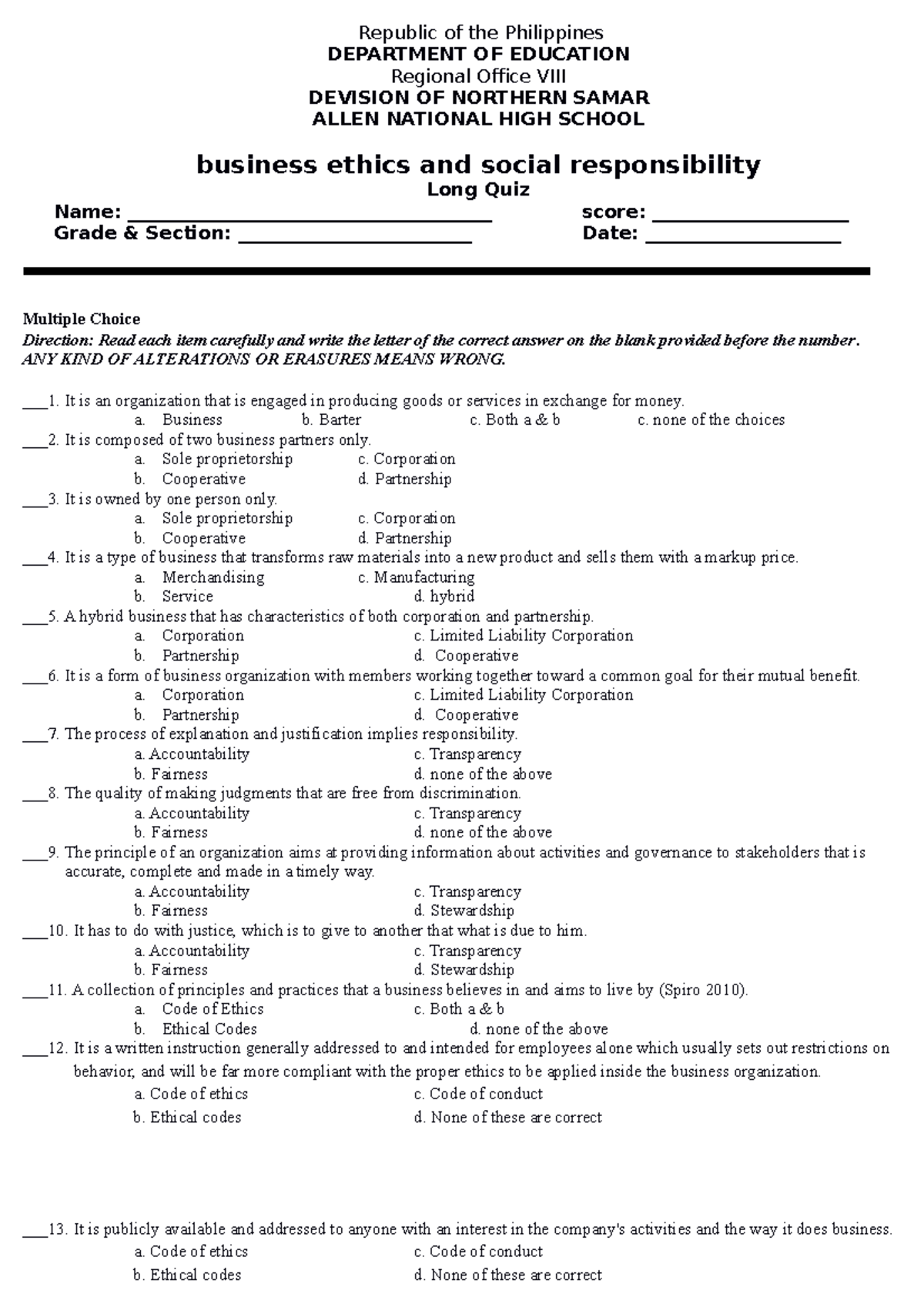1 ST LONG QUIZ BESR - Business Ethics and Social Responsibility ...
