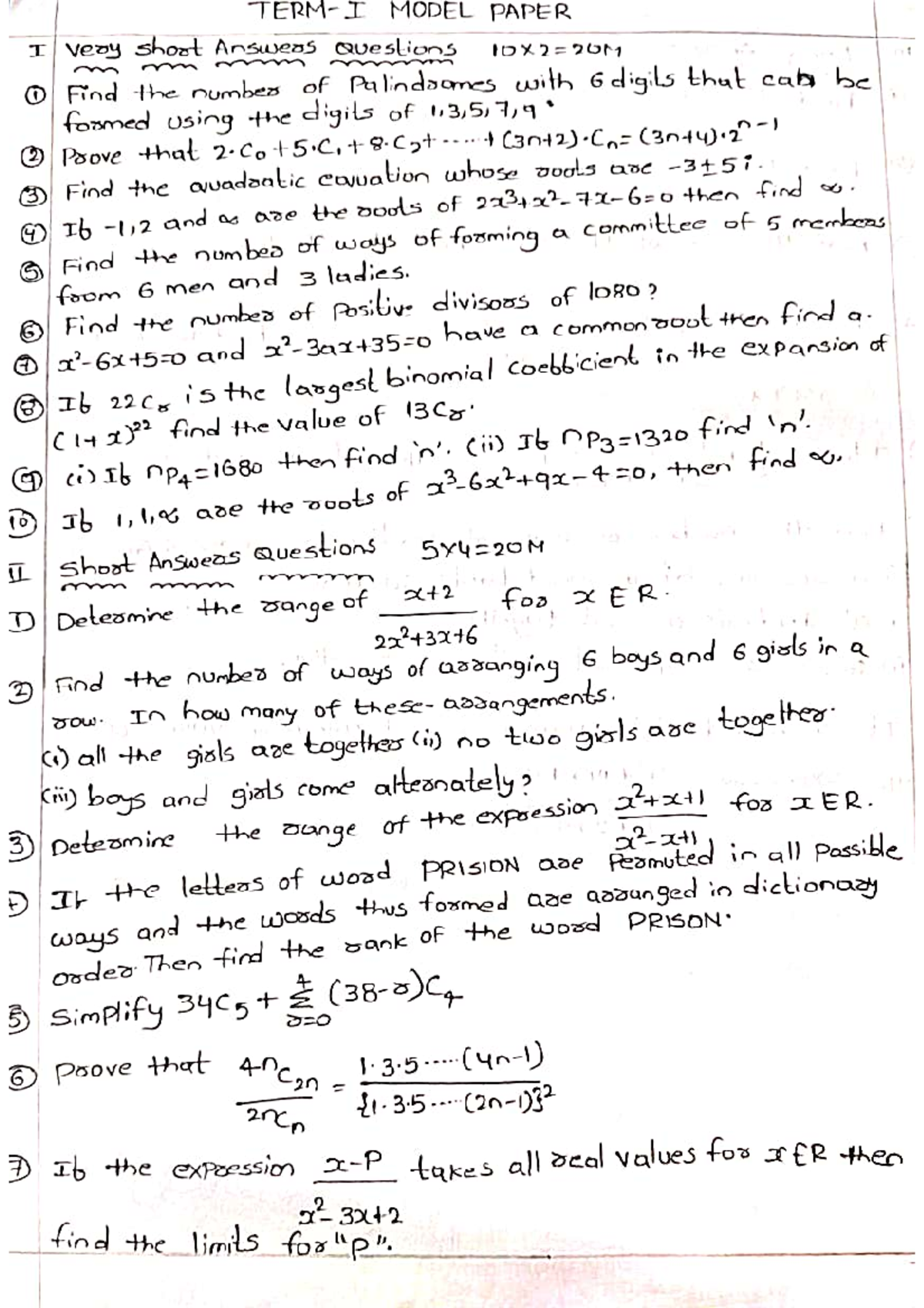senior 2A math modal paper - I MODEL PAPER I very short Answers ...