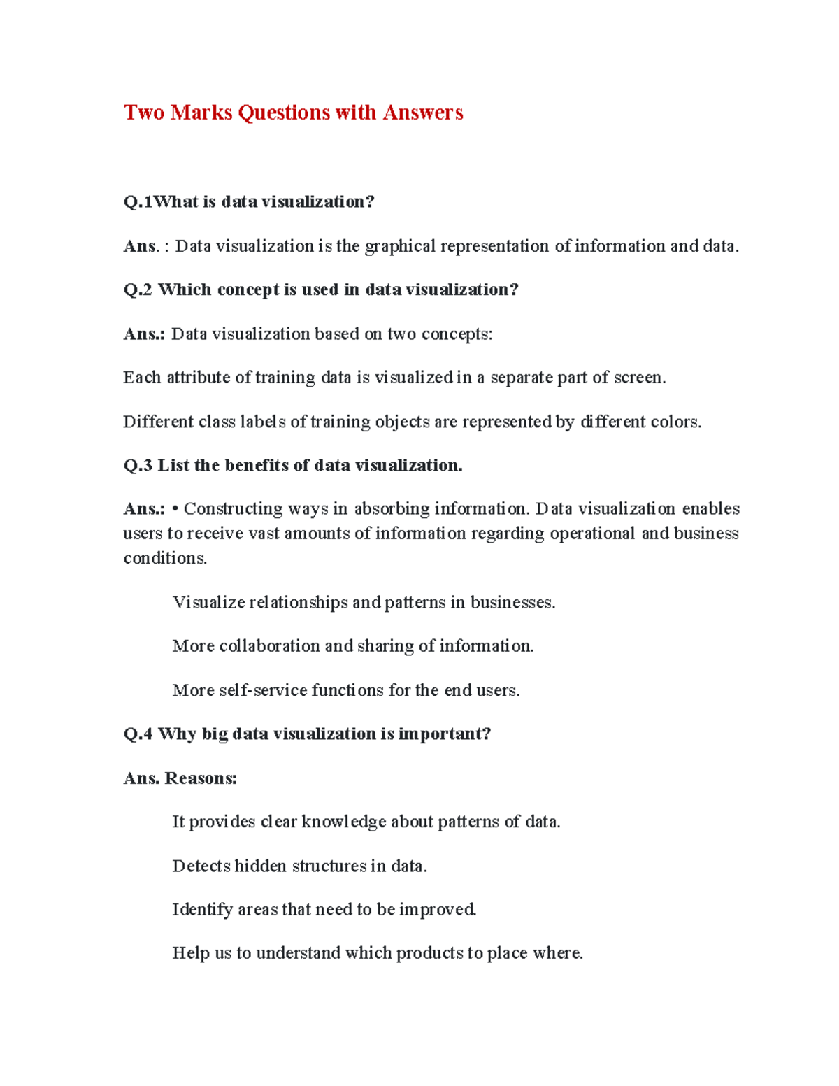 Dev2 Marks Two Marks Questions With Answers Q Is Data Visualization Ans Data