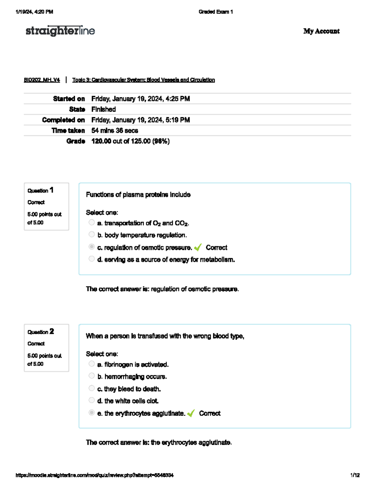 A&P 2 Topic 3 Quiz 96 Percent - 4:20 PM Graded Exam 1 straighterline My ...