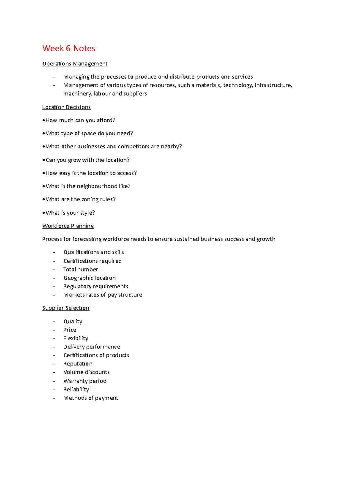 Week 6 Lecture Notes - Week 6 Notes Operations Management Managing the ...